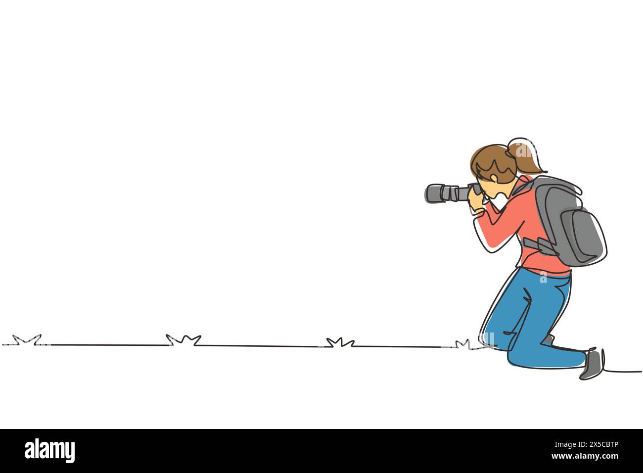 Single continuous line drawing woman photographer with backpack ...