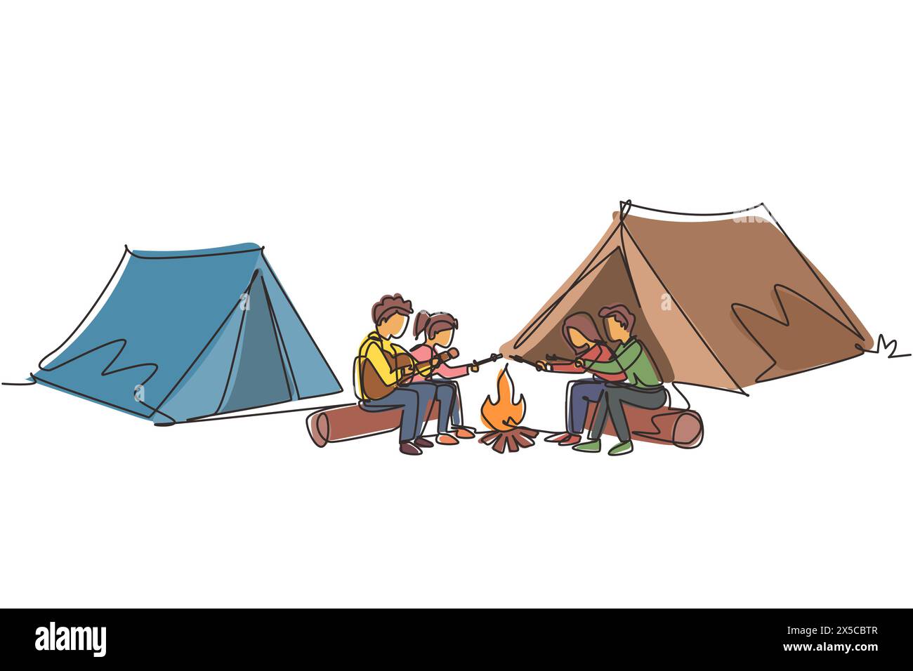 Single one line drawing friends sit on logs by campfire. Young tourists ...