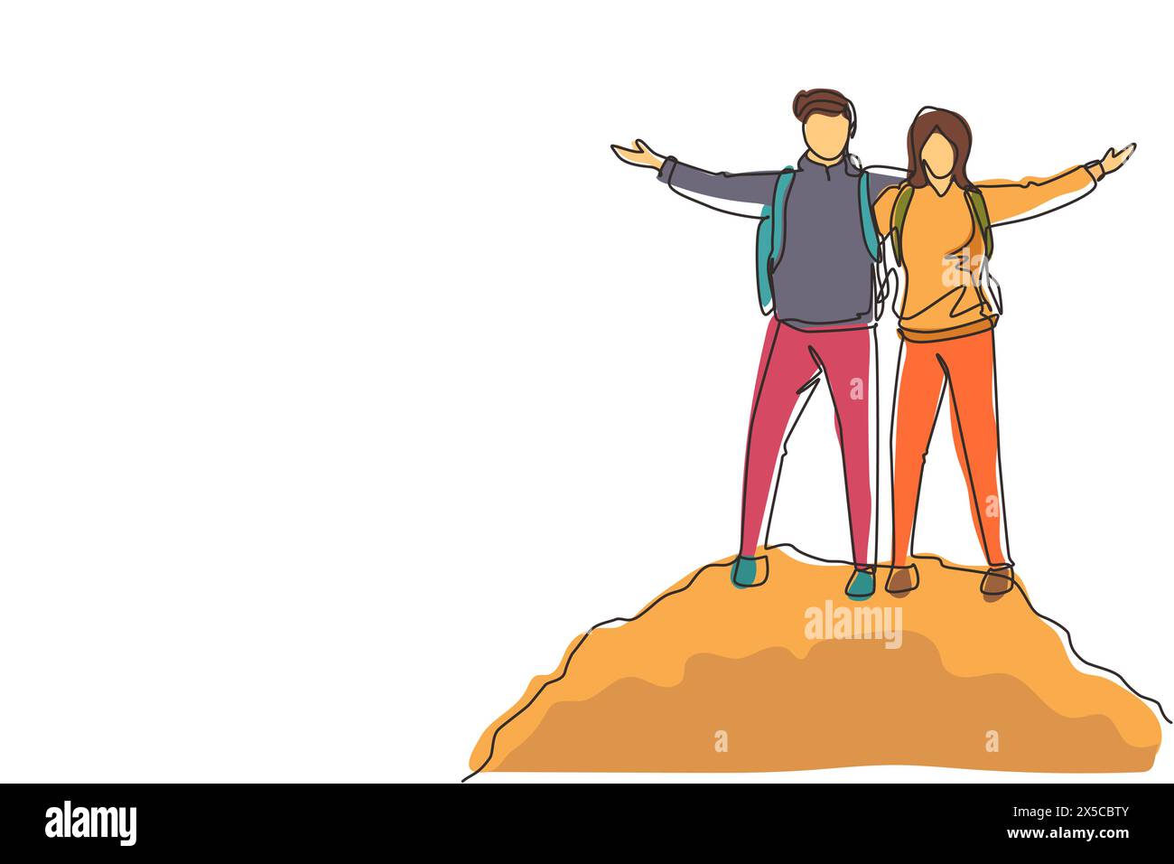 Single continuous line drawing climber man woman stands with arms ...