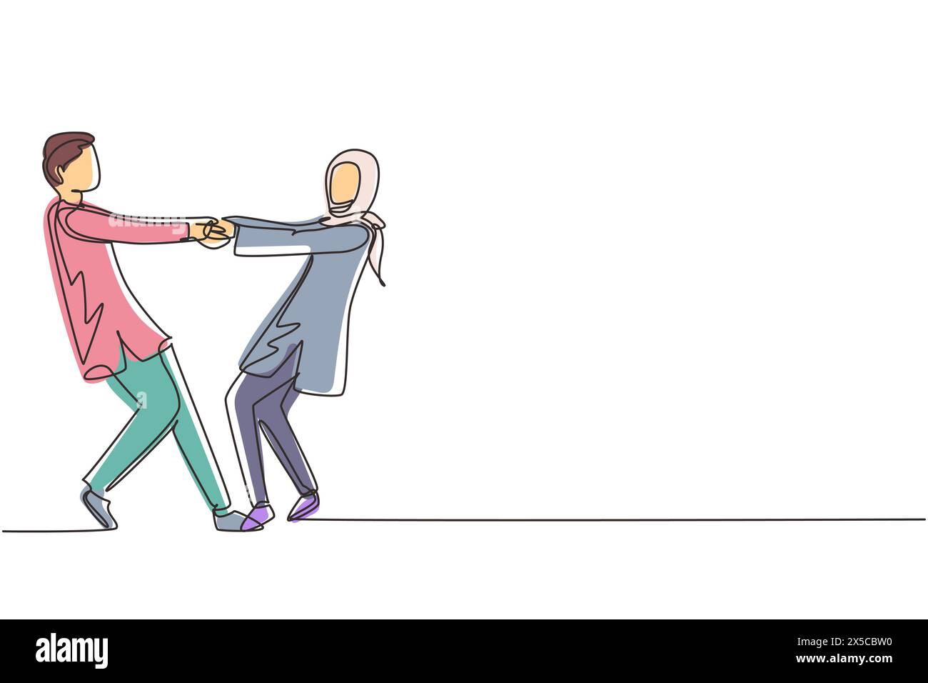 Single one line drawing happy Arabic boy and girl dancing on the floor ...