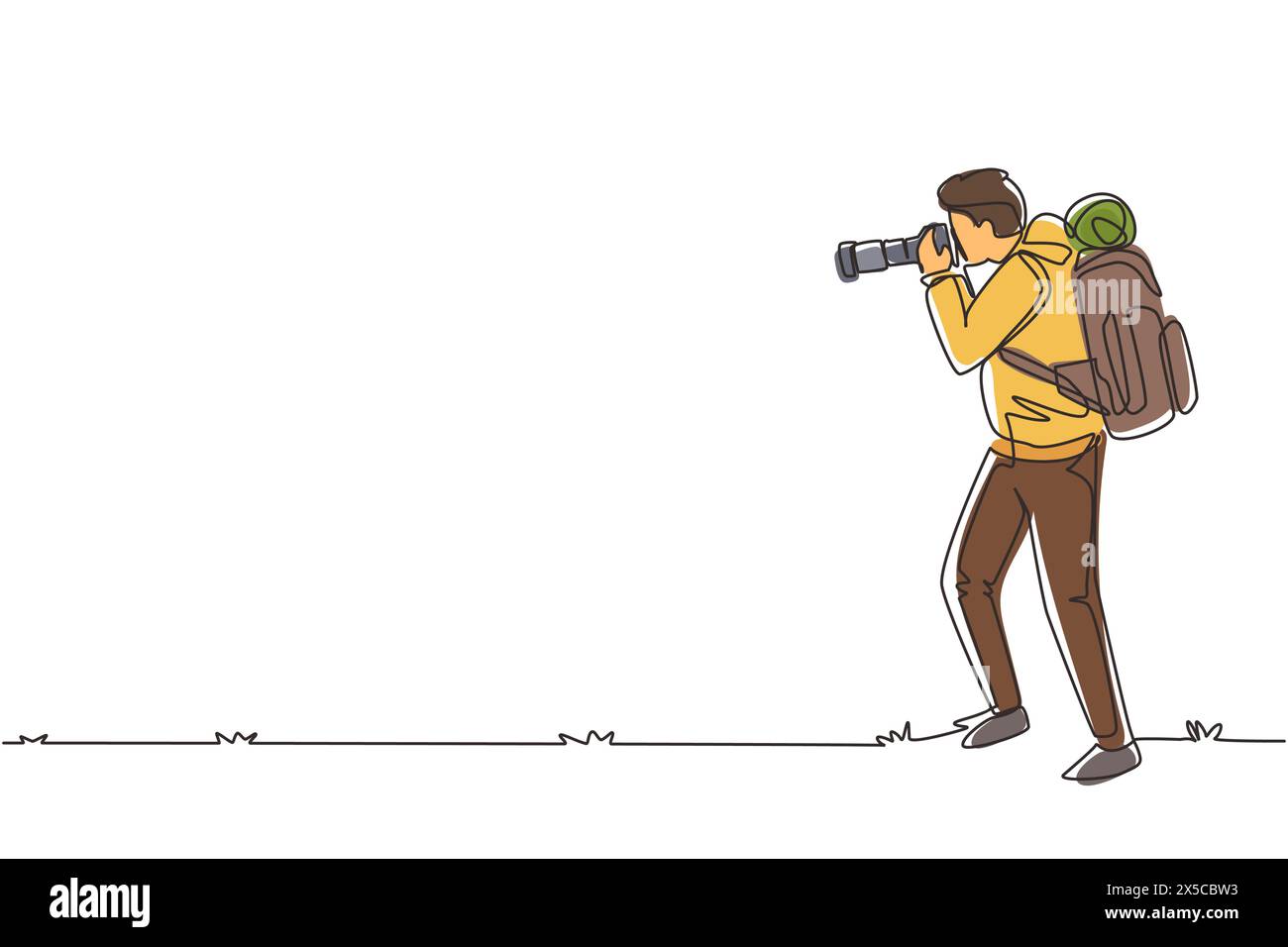 Single one line drawing young male photographer standing taking photo ...