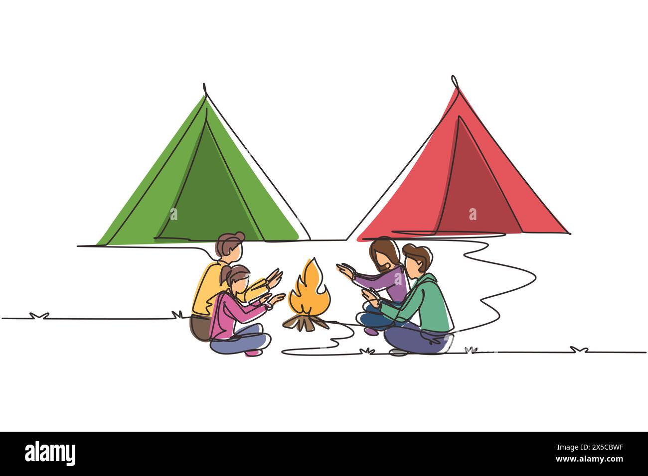 Single one line drawing two couple camping around campfire tents. Group ...