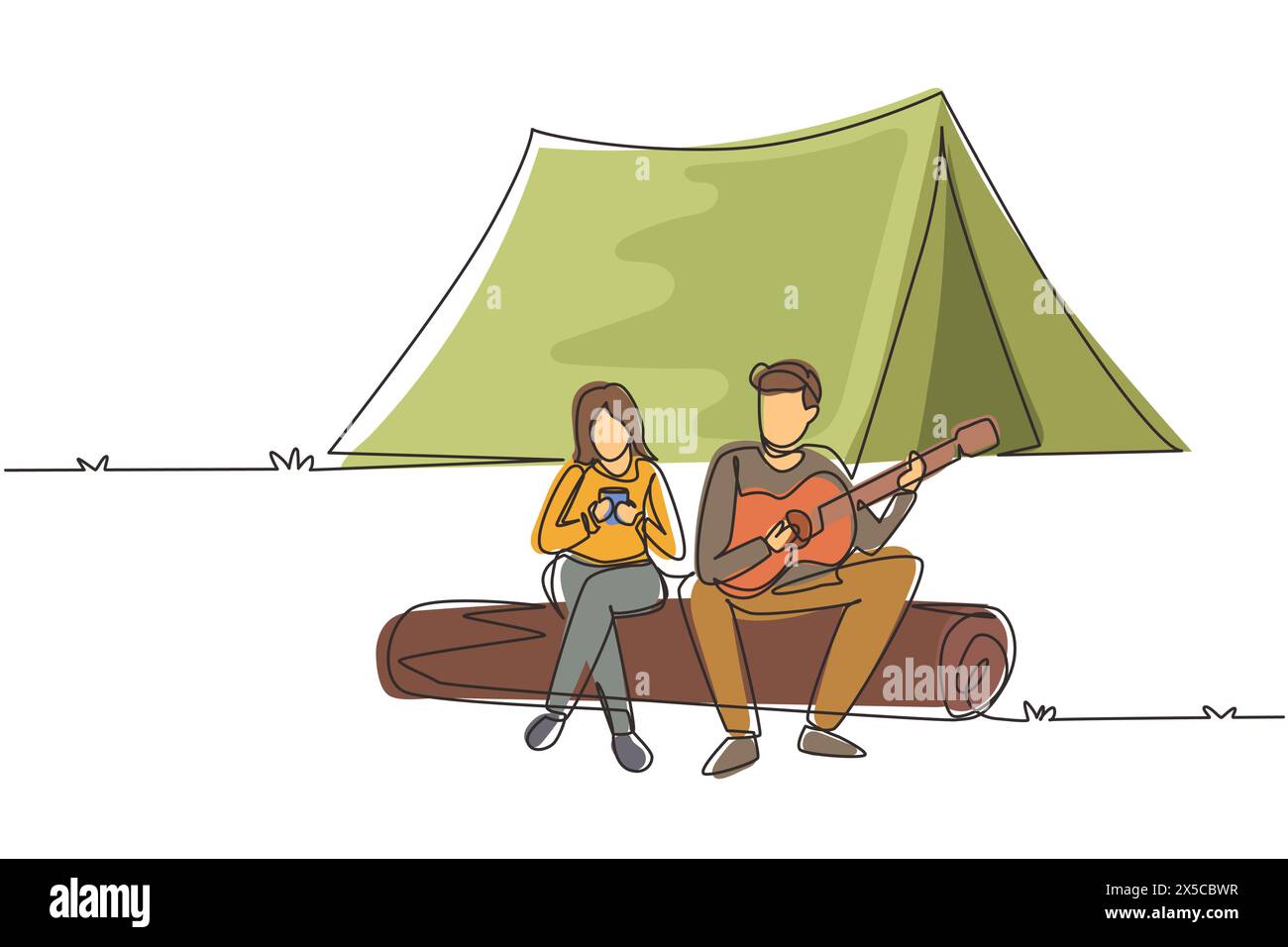 Single continuous line drawing man woman sing song at campsite. Girl ...
