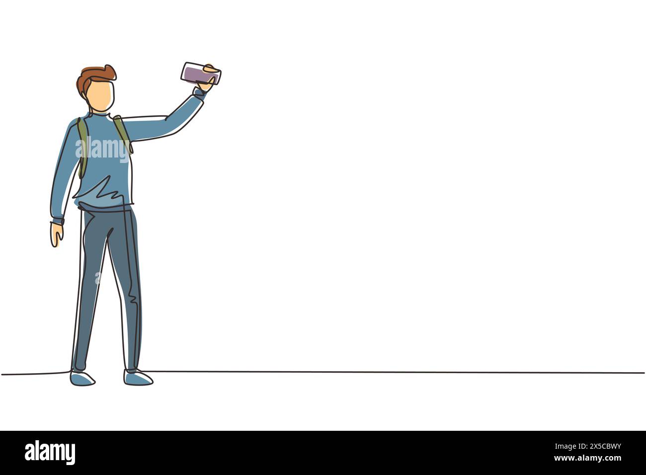 Single one line drawing man making selfie with smartphone. Travel male ...