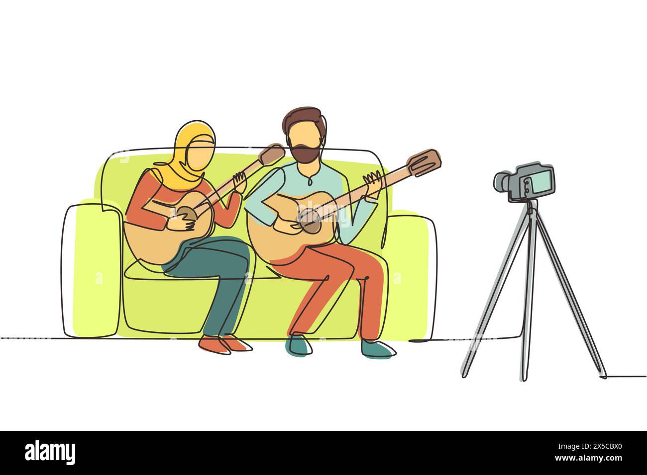 Single continuous line drawing Arabian couple vlog influencer ...