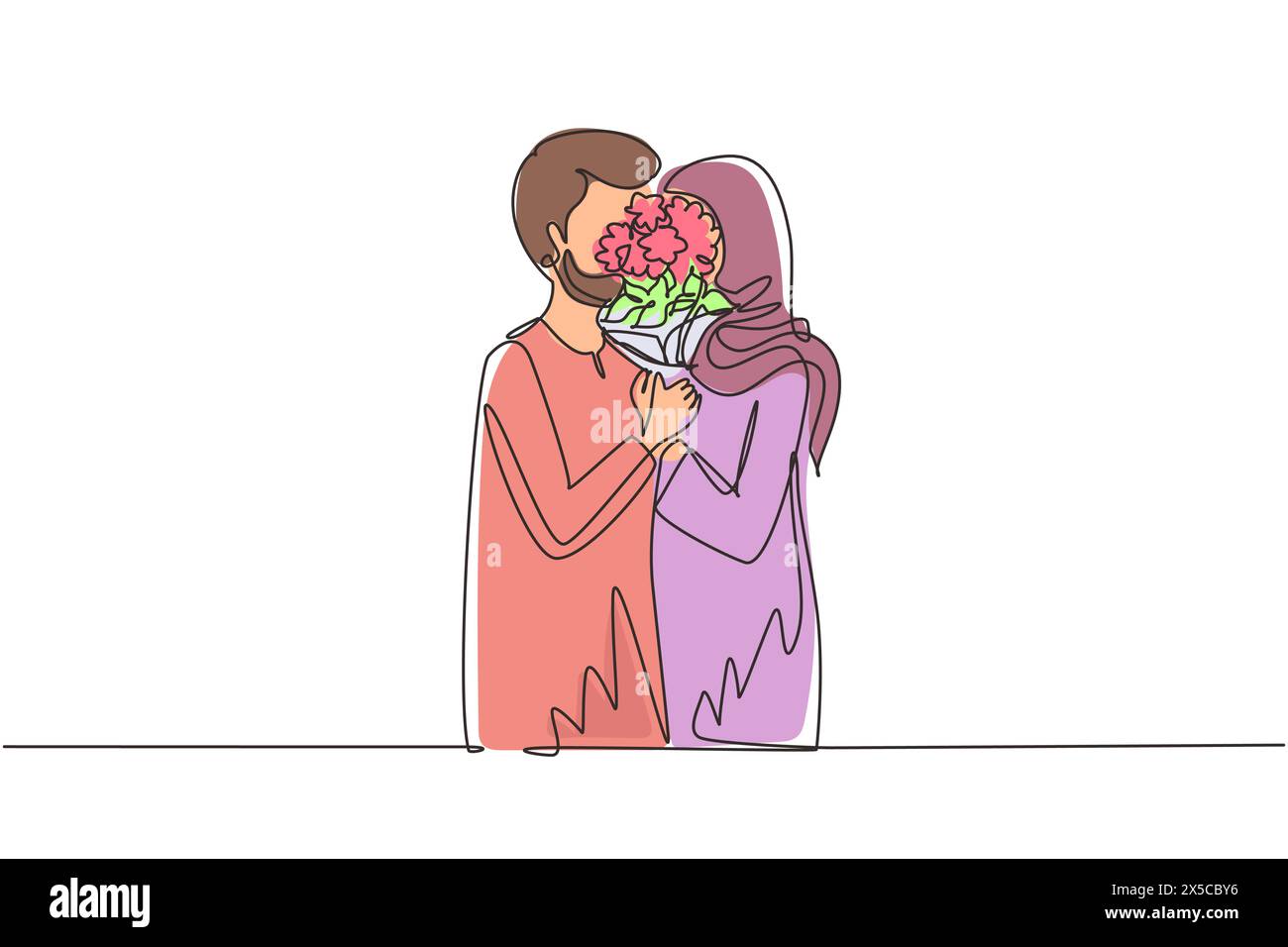 Continuous one line drawing young Arabic couple hugging and kissing ...