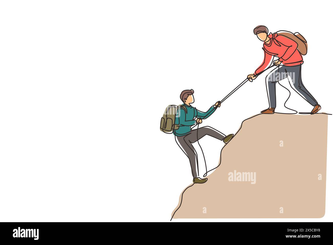 Single continuous line drawing two man hikers climbing up mountain and ...