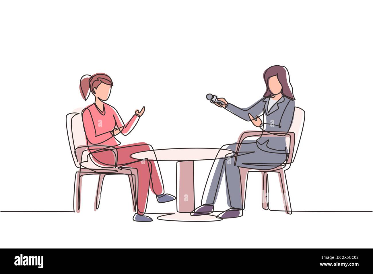 Continuous one line drawing talk show studio with interviewing ...