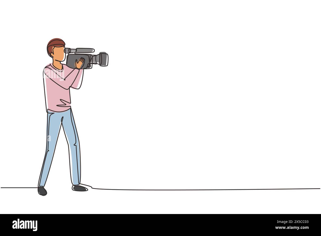 Continuous one line drawing professional camera operator holding big ...