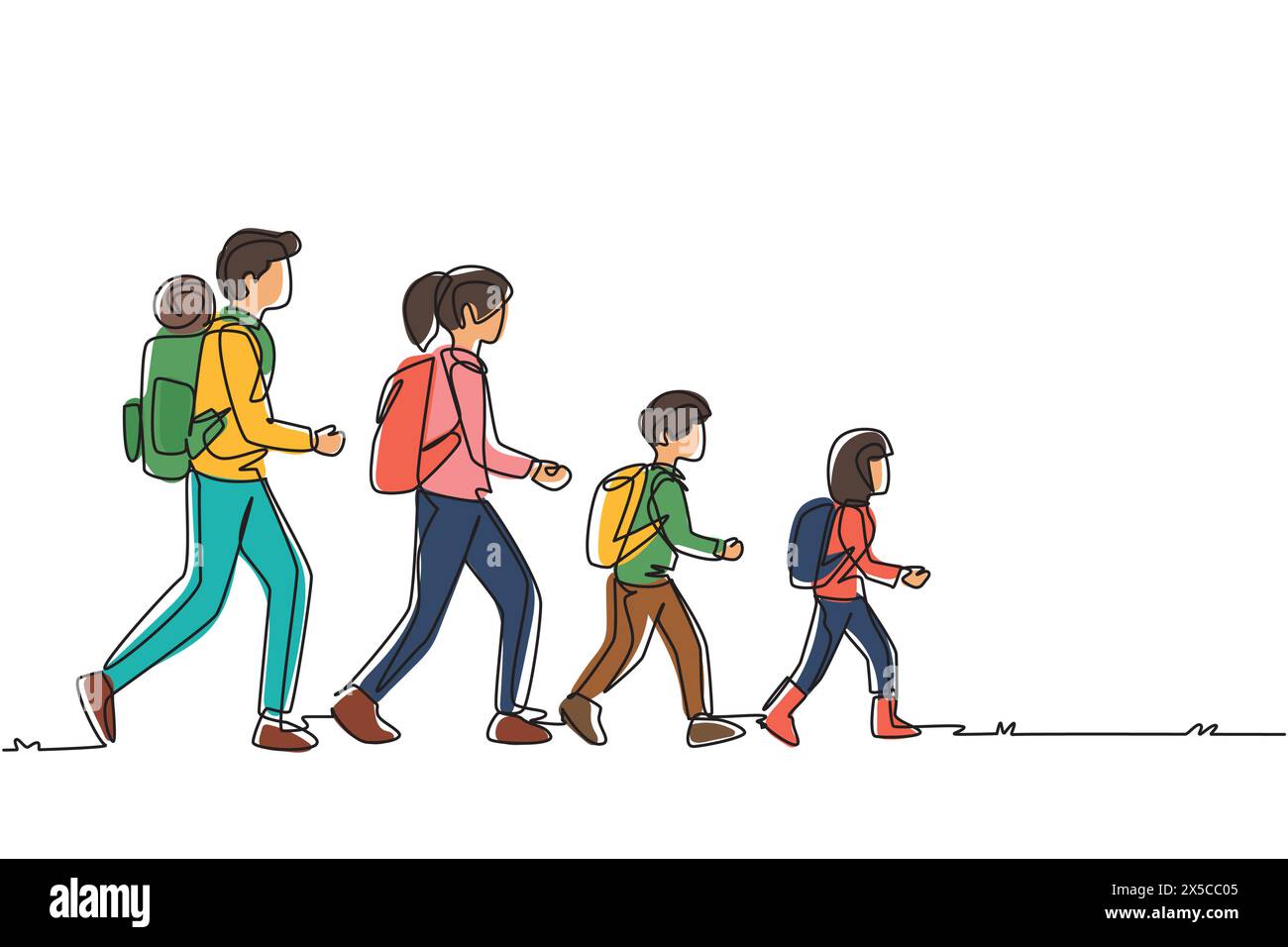 Single continuous line drawing man, woman, children, family hikers ...