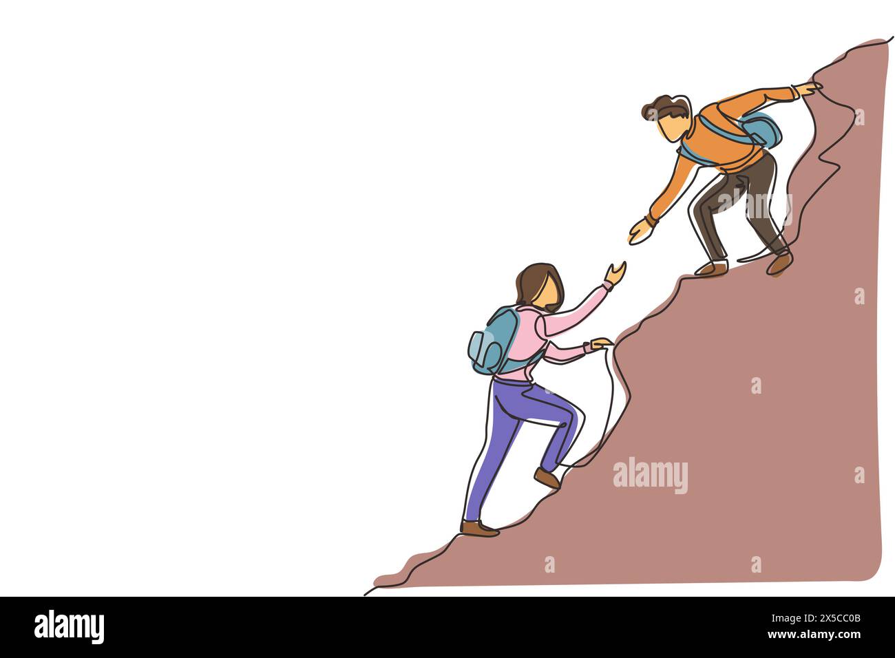 Continuous one line drawing man woman success on peak of mountain ...