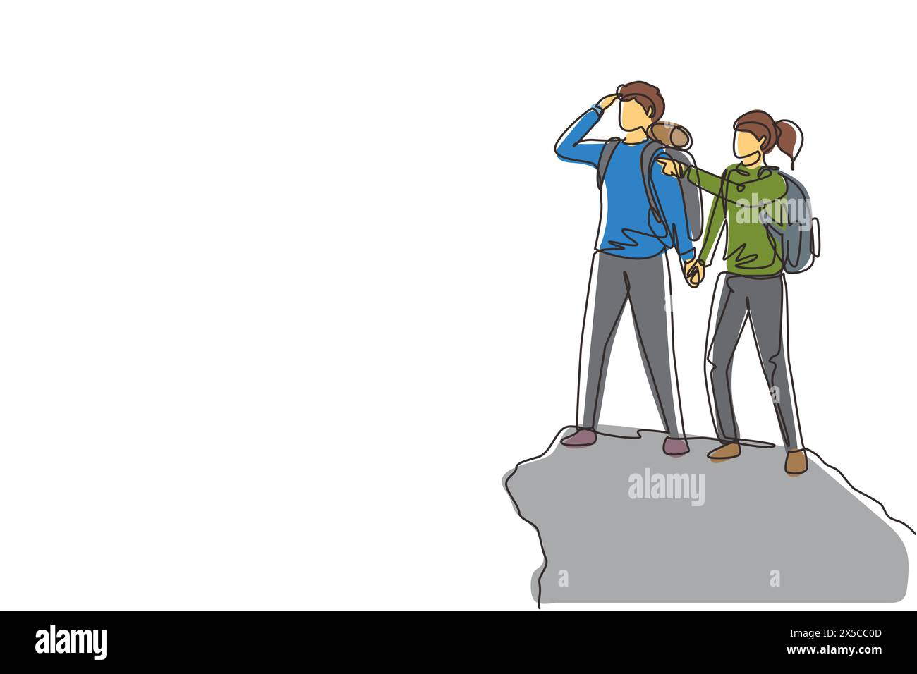 Single continuous line drawing couple man woman hiker at top of ...
