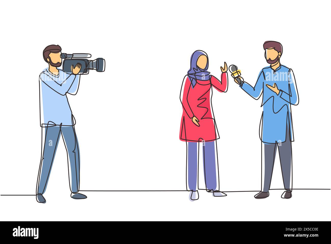 Single continuous line drawing Arabic journalist, operator interview ...