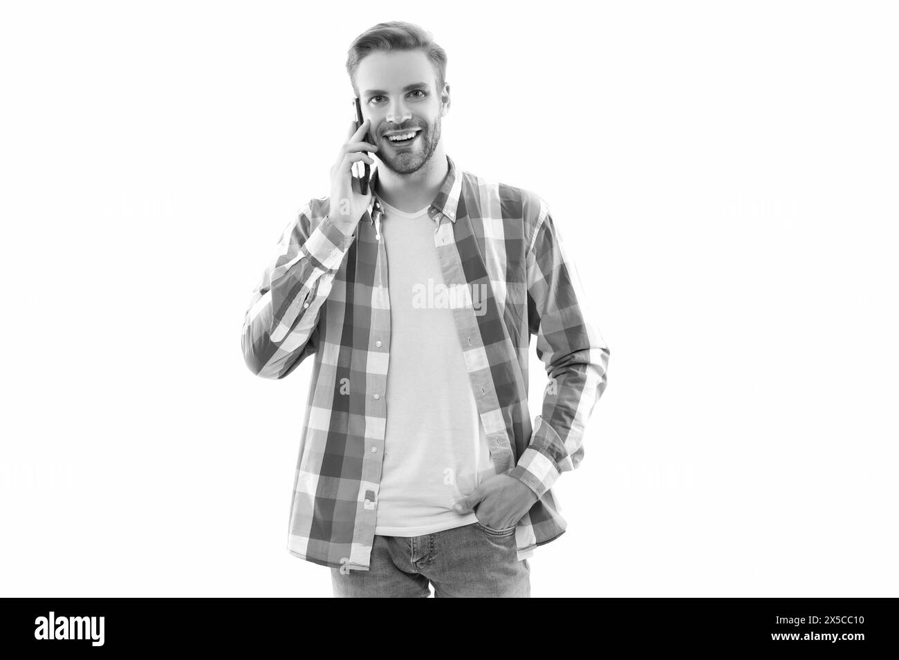 photo of man having phone call. man having phone call isolated on white ...