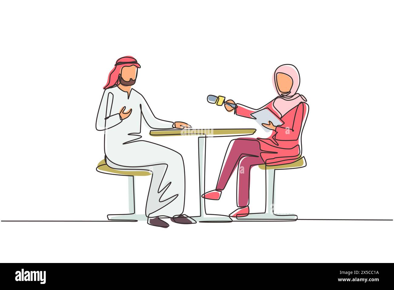 Continuous one line drawing TV presenter Arabian woman interviewing ...