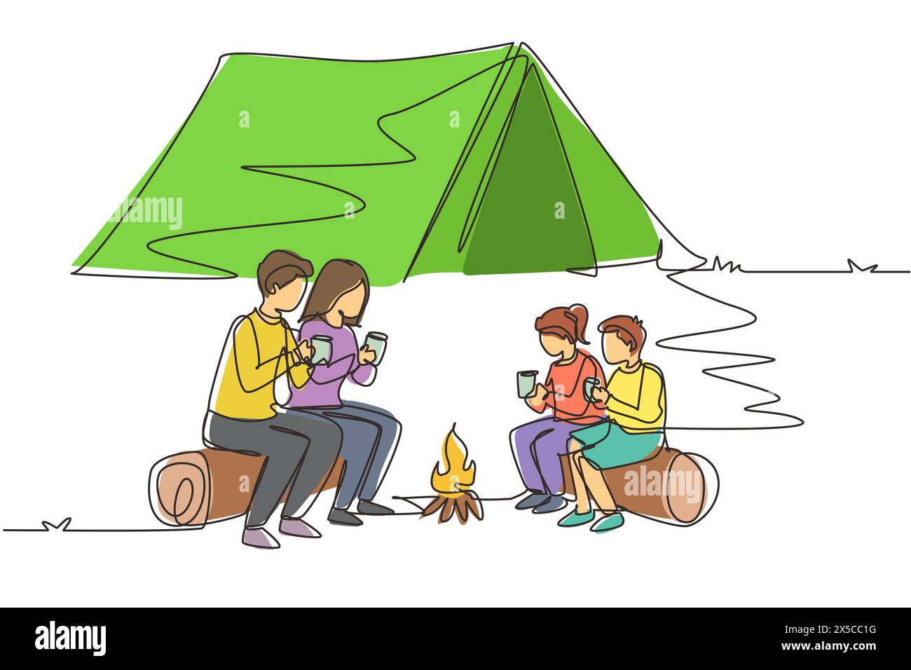 Single continuous line drawing happy family camping with campfire at ...