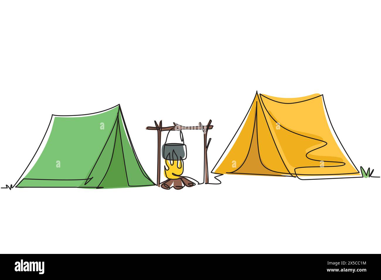 Continuous one line drawing camping composition with two tents fire ...