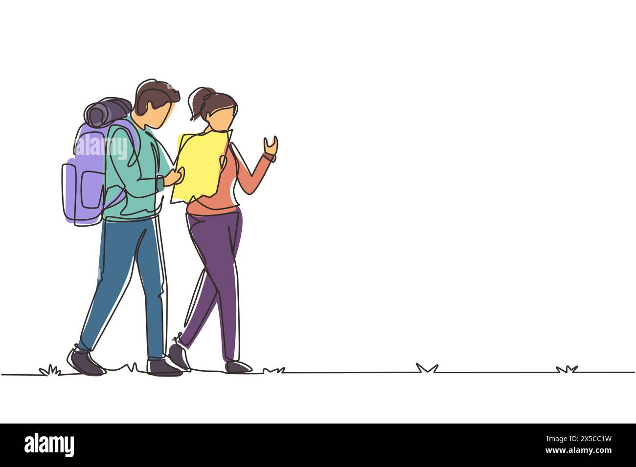 Continuous one line drawing couples hiking man woman with backpack and ...