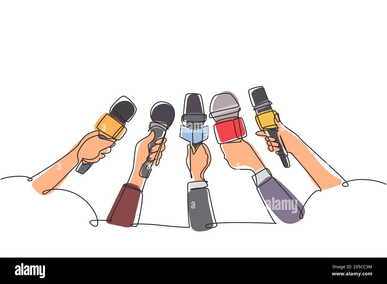 Single one line drawing interview concept with microphones on white ...