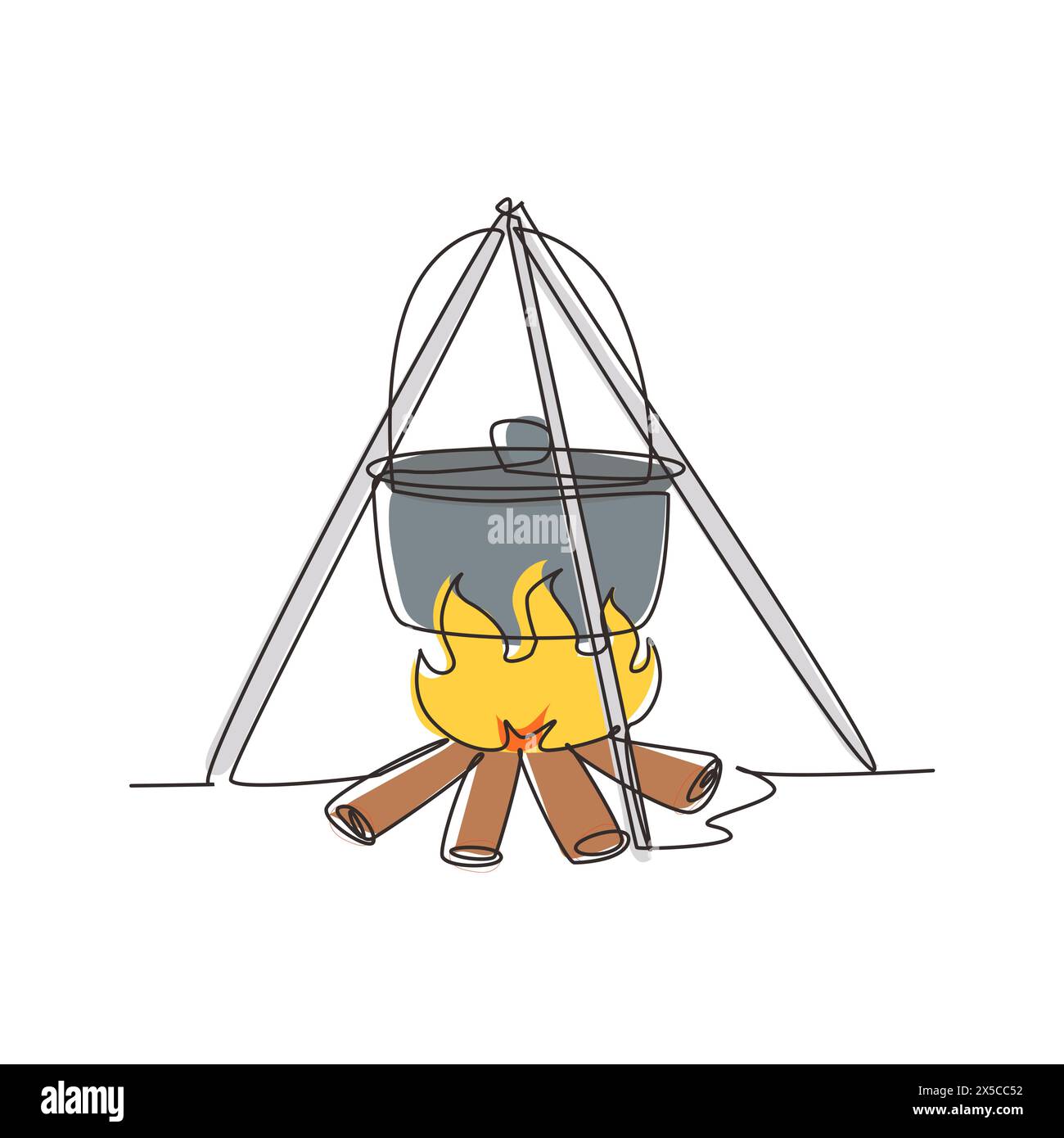 Continuous one line drawing black camping pot over a bonfire. Hot food ...