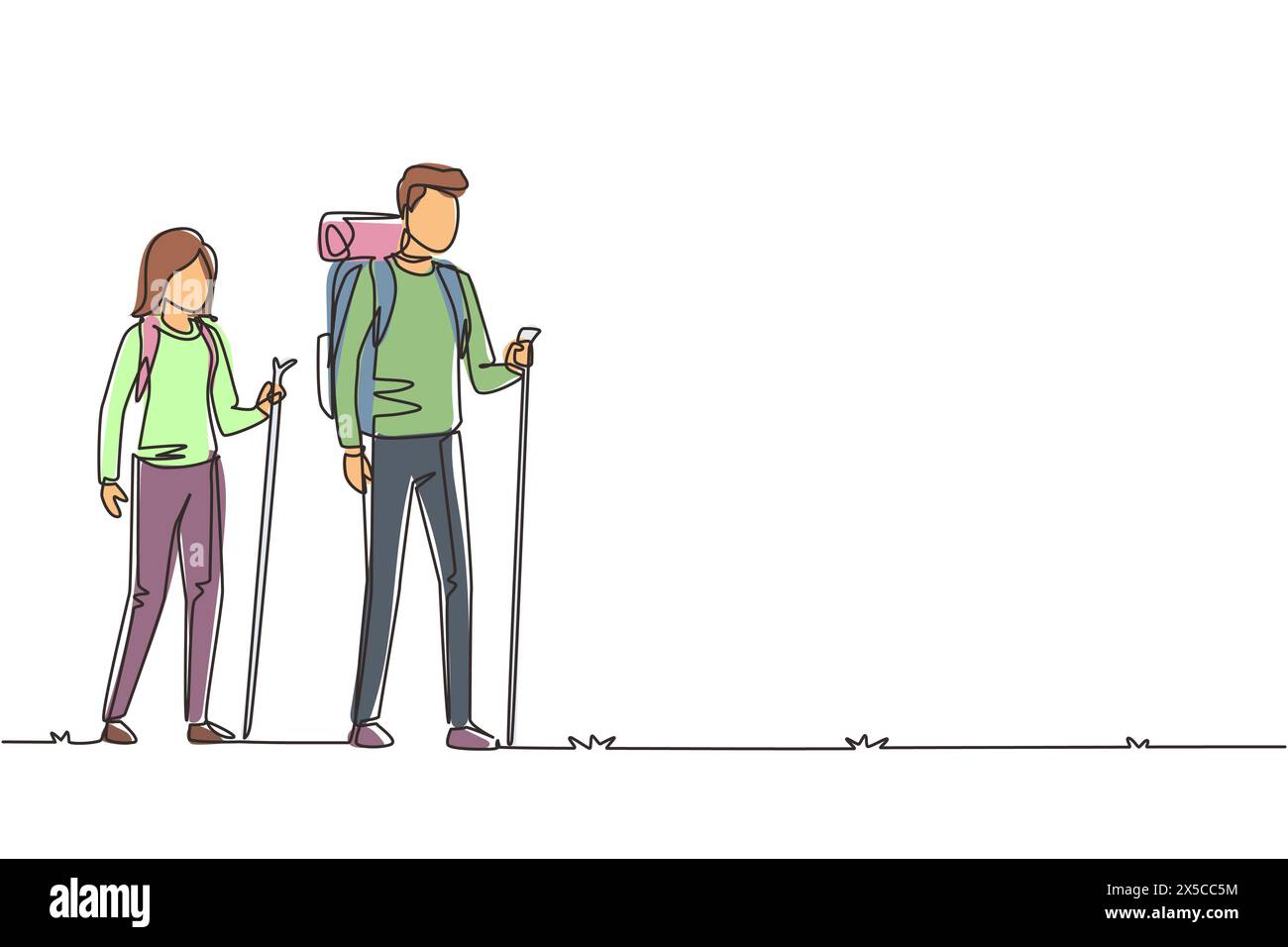 Single continuous line drawing romantic couple goes camping in nature ...