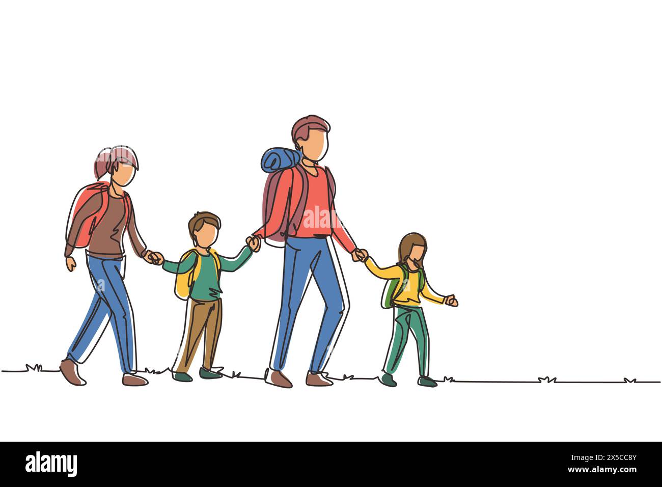 Single one line drawing happy family traveling together in mountains ...