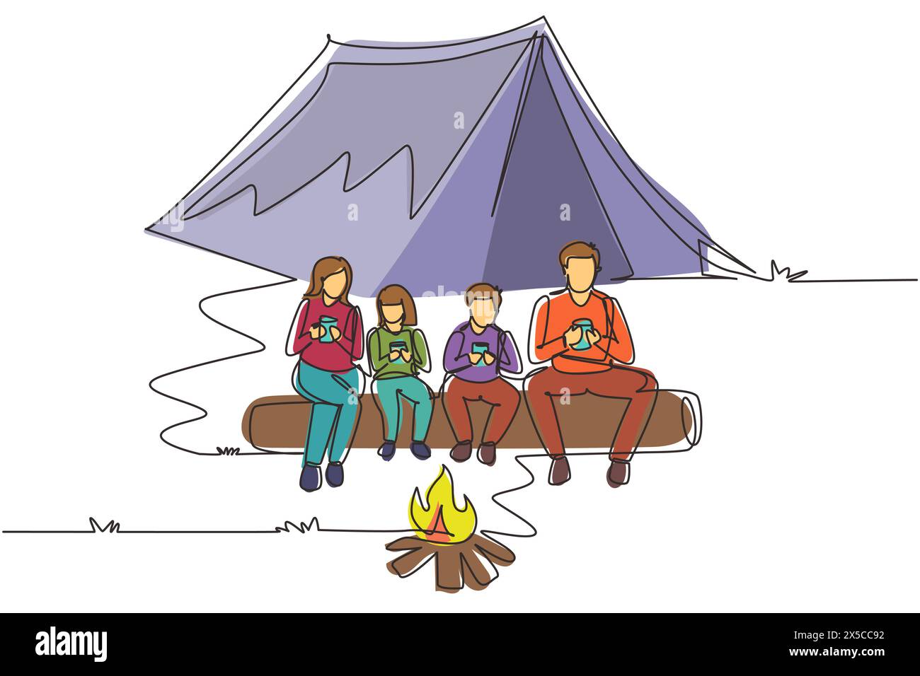 Single one line drawing active hiker family camping with campfire ...