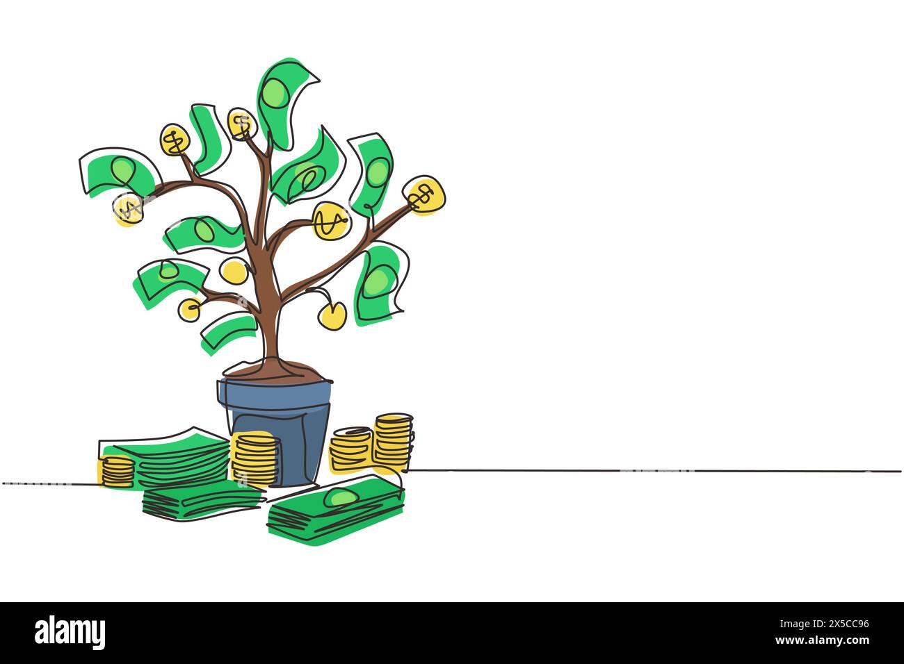 Single continuous line drawing money tree. Green cash banknotes with ...