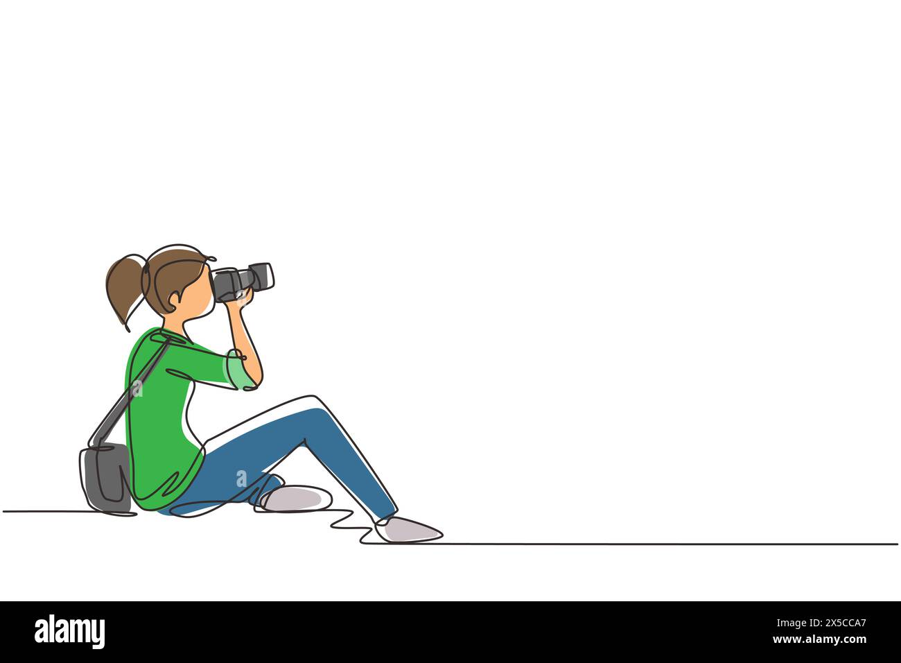 Single one line drawing woman photographer of paparazzi taking photo ...