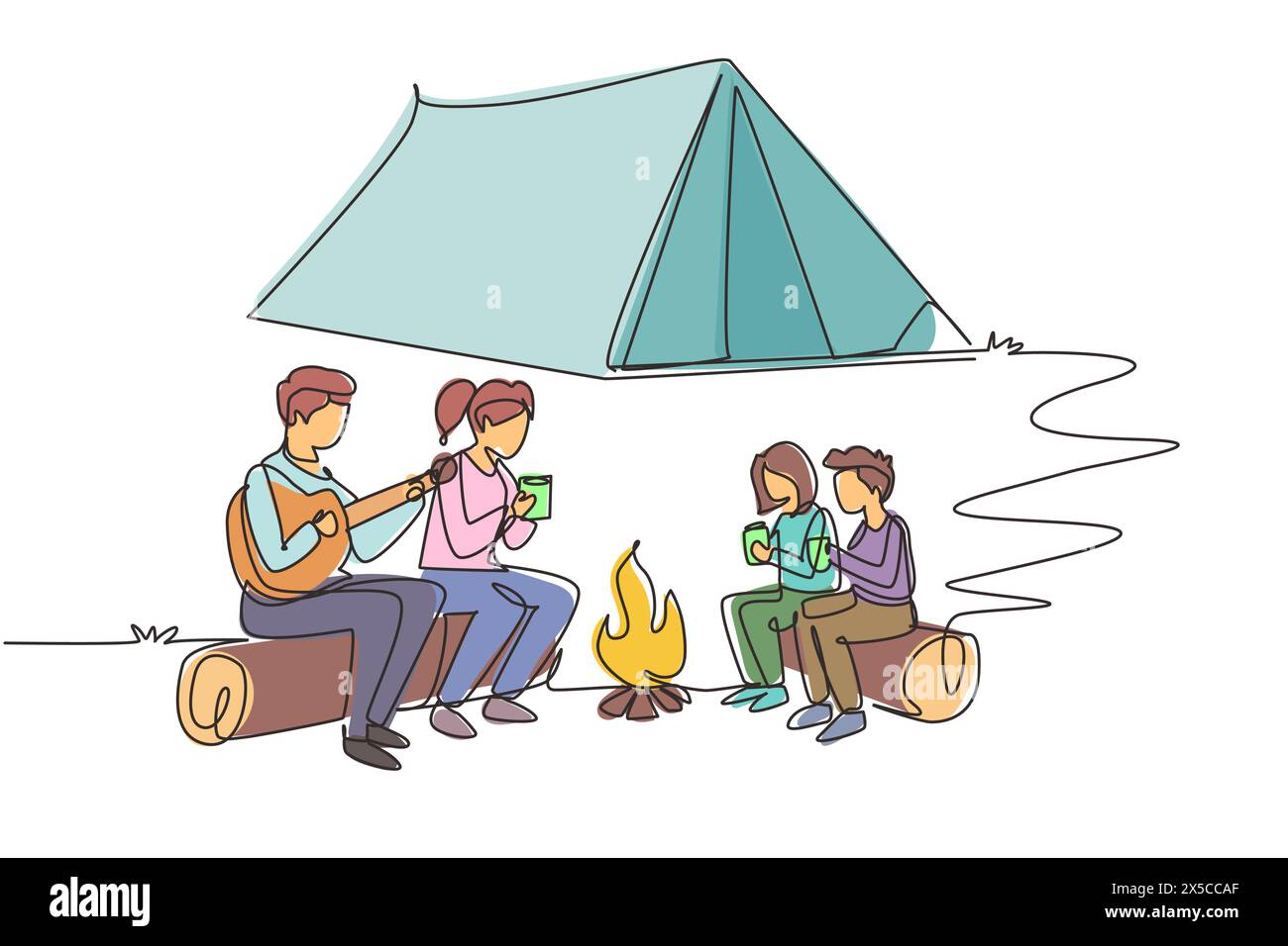 Continuous one line drawing cheerful family camping with bonfire at ...