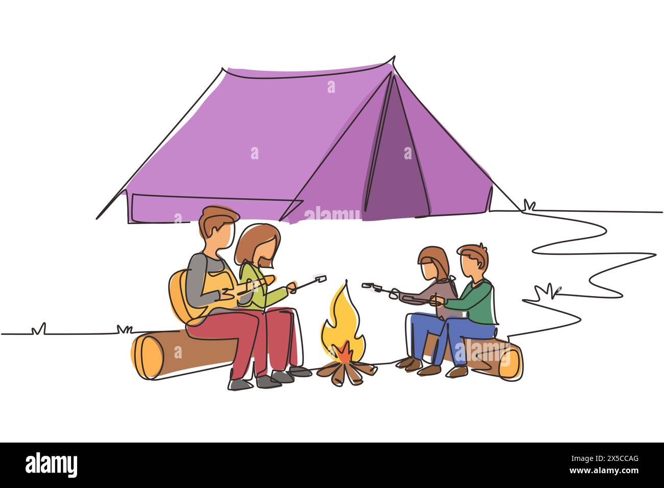 Single continuous line drawing hiker family sit by campfire. Tourist ...