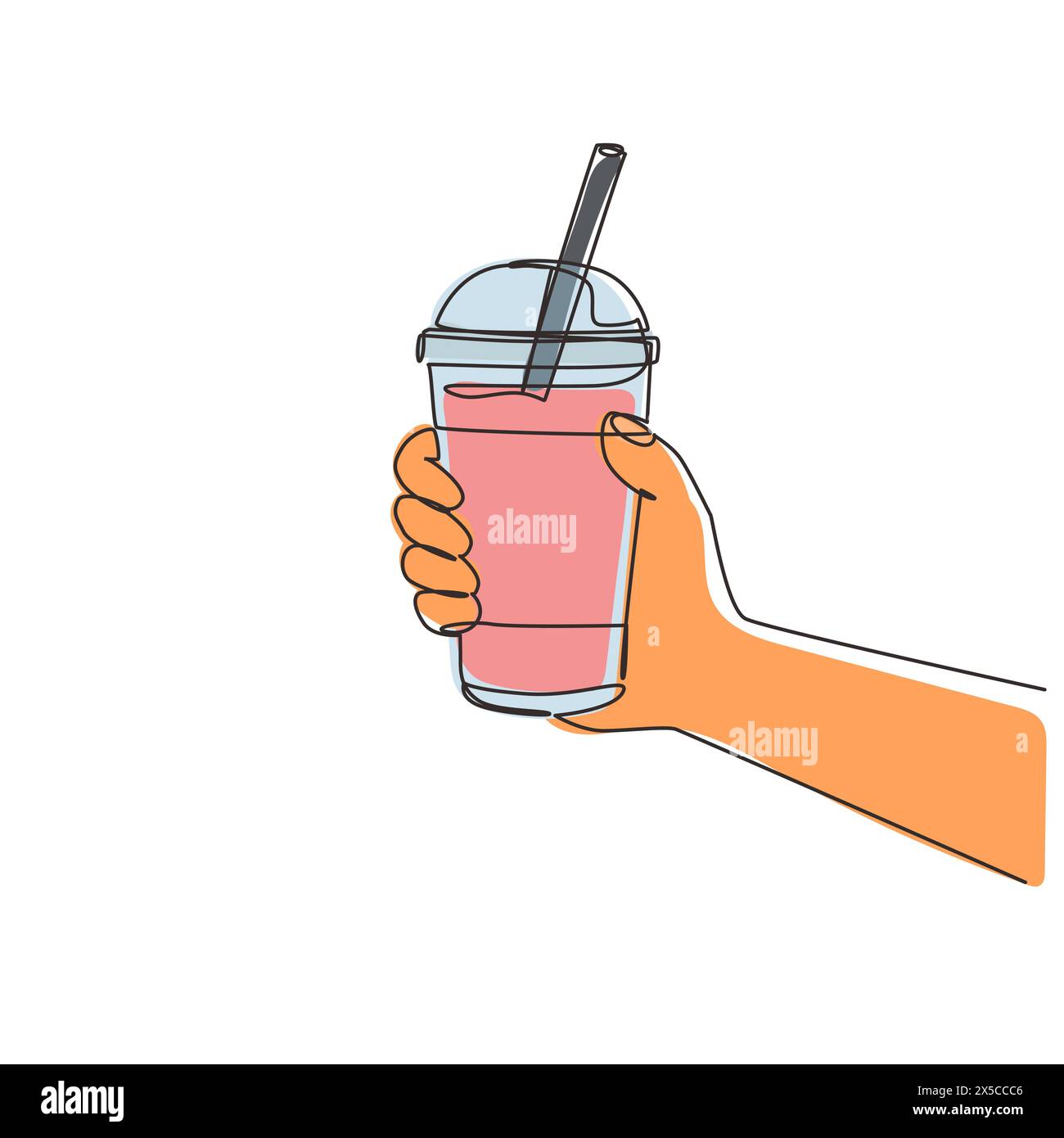 Single continuous line drawing hand holding a bubble tea plastic cup ...