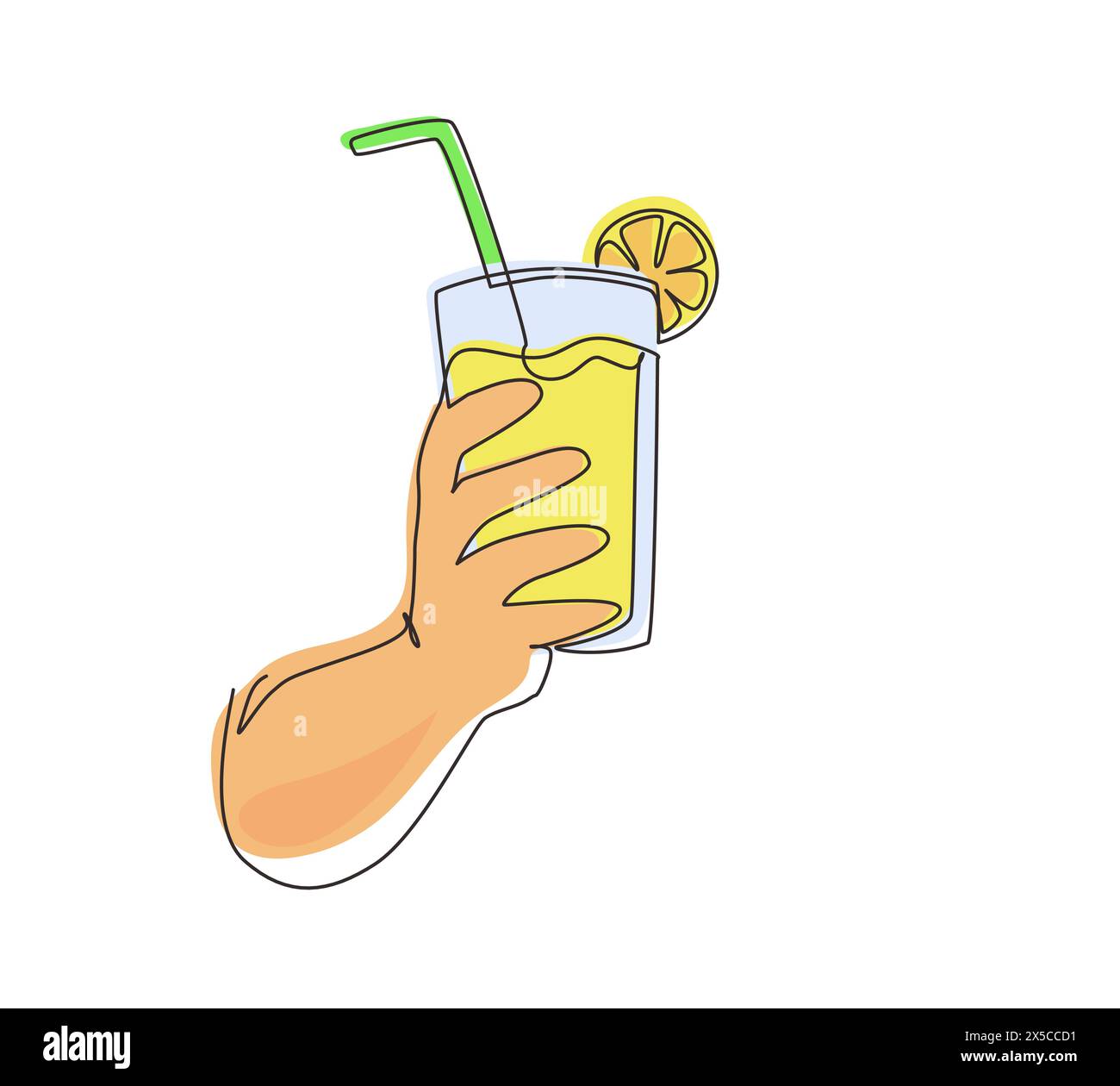 Single continuous line drawing hand holding glass with lemonade fruit ...