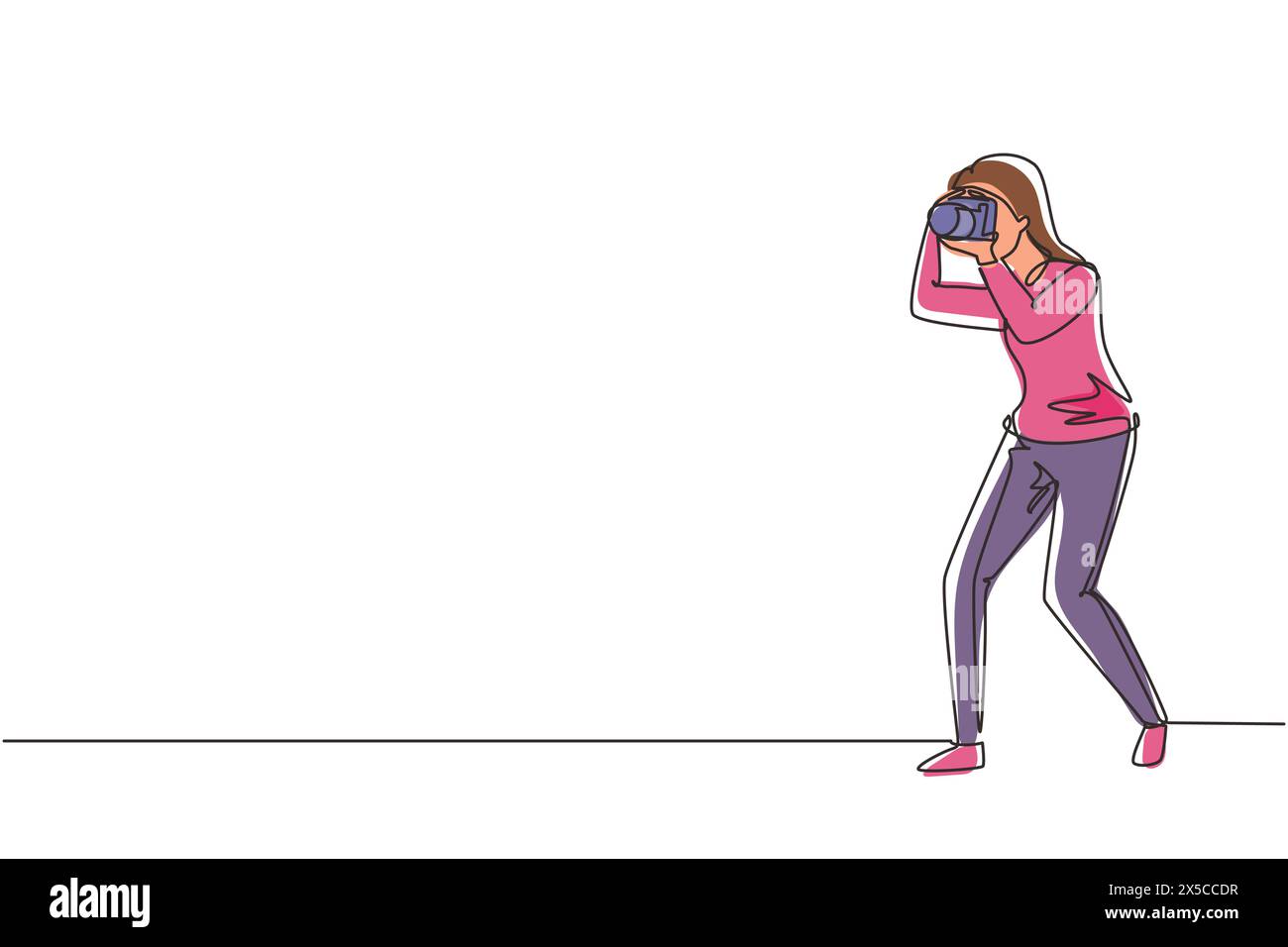 Single one line drawing woman photographer taking photo pose. Camera ...