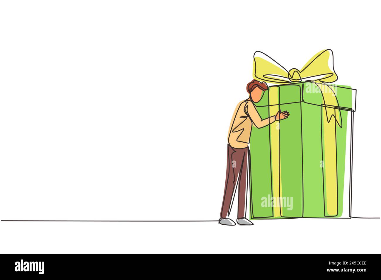 Continuous one line drawing guy hugging huge birthday gift. Young ...