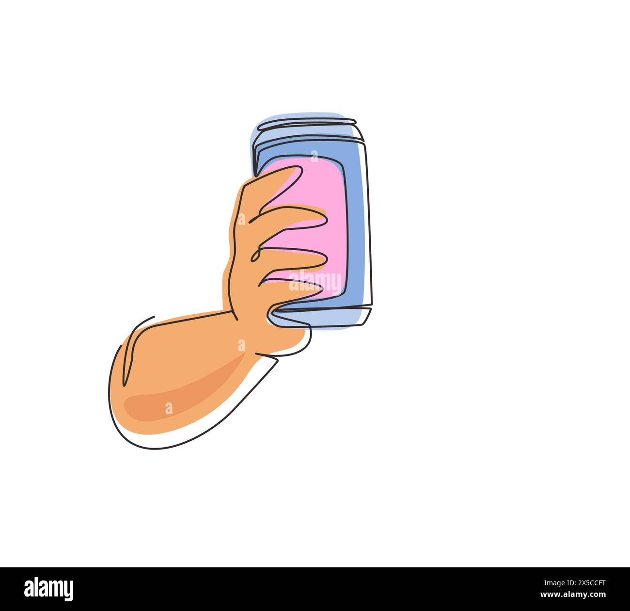Single continuous line drawing hand holding a aluminum can drink ...