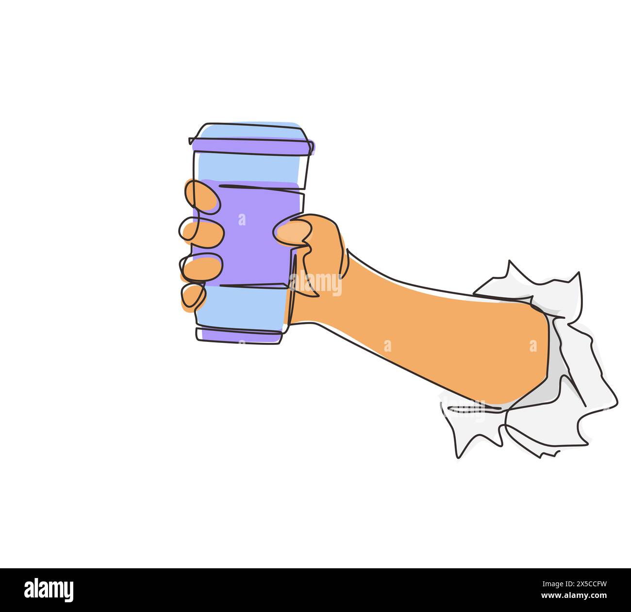 Continuous one line drawing hand holding disposable paper black coffee ...