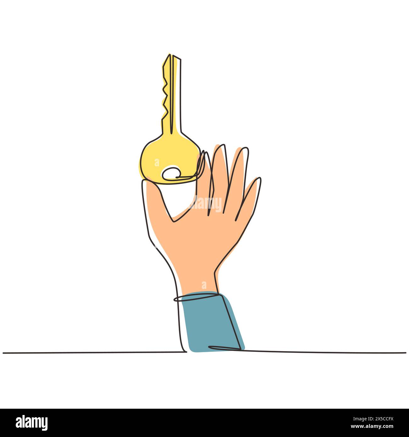 Single continuous line drawing hand holding modern key to unlock door ...