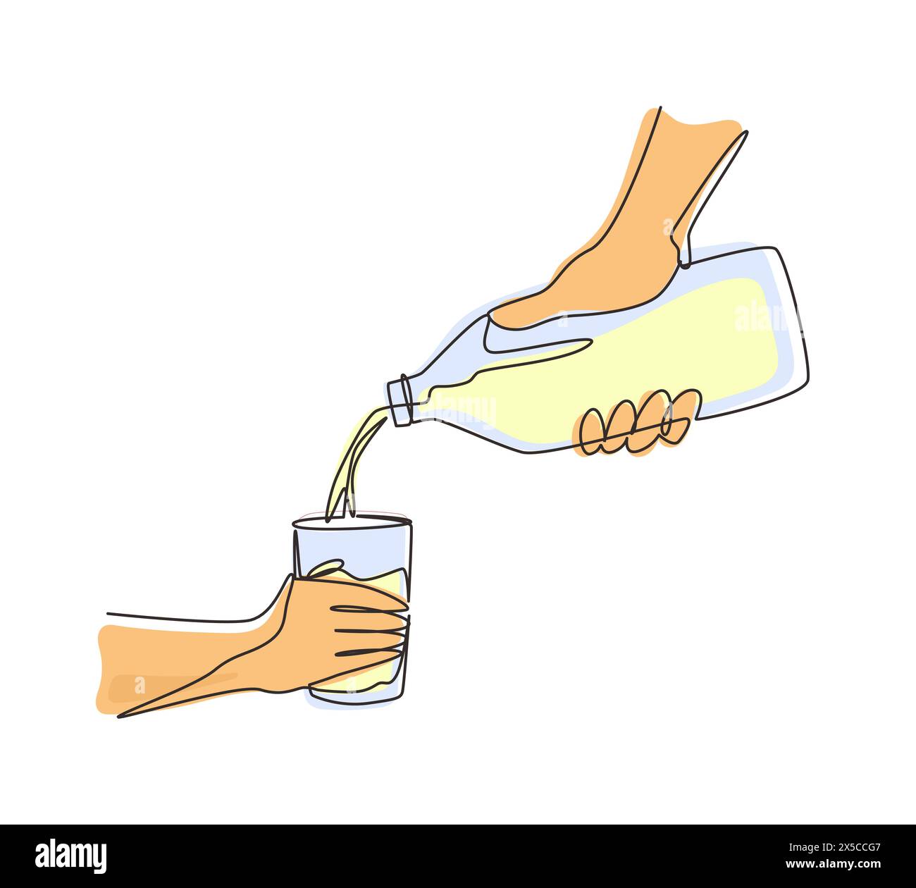 Continuous one line drawing woman's hand pours fresh milk from glass ...