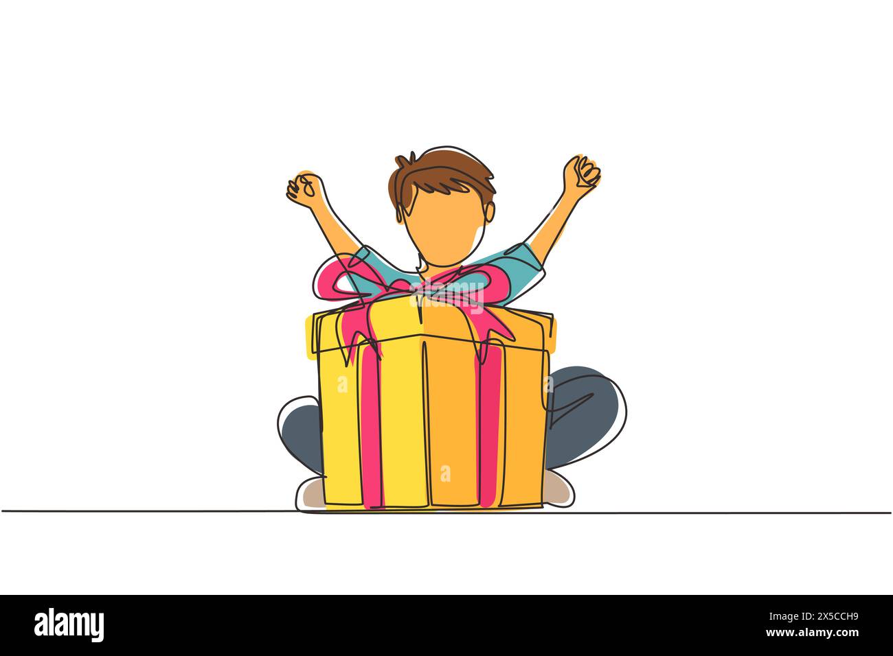Single one line drawing happy little boy holding big ribbon bow wrapped ...