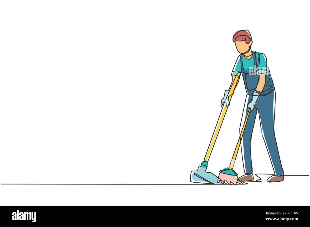 Single continuous line drawing housekeeping male worker with broom and ...
