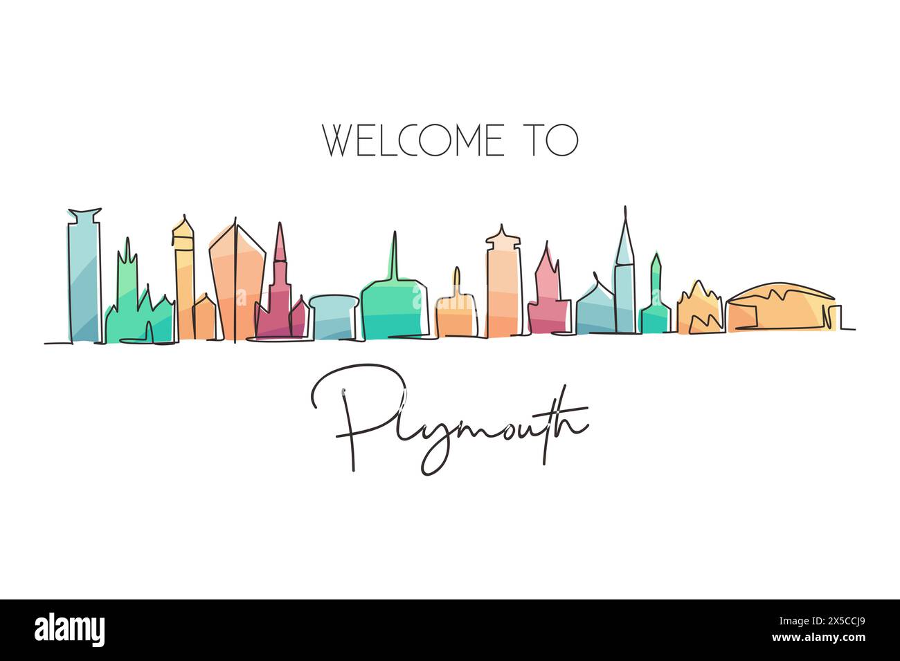 Single one line drawing Plymouth city skyline, England. Beautiful ...