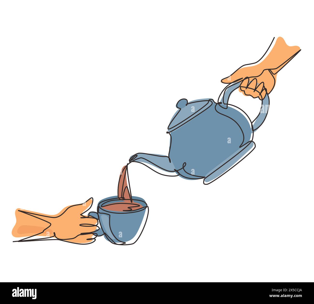 Single one line drawing teapot pouring tea into cup. Woman pouring ...
