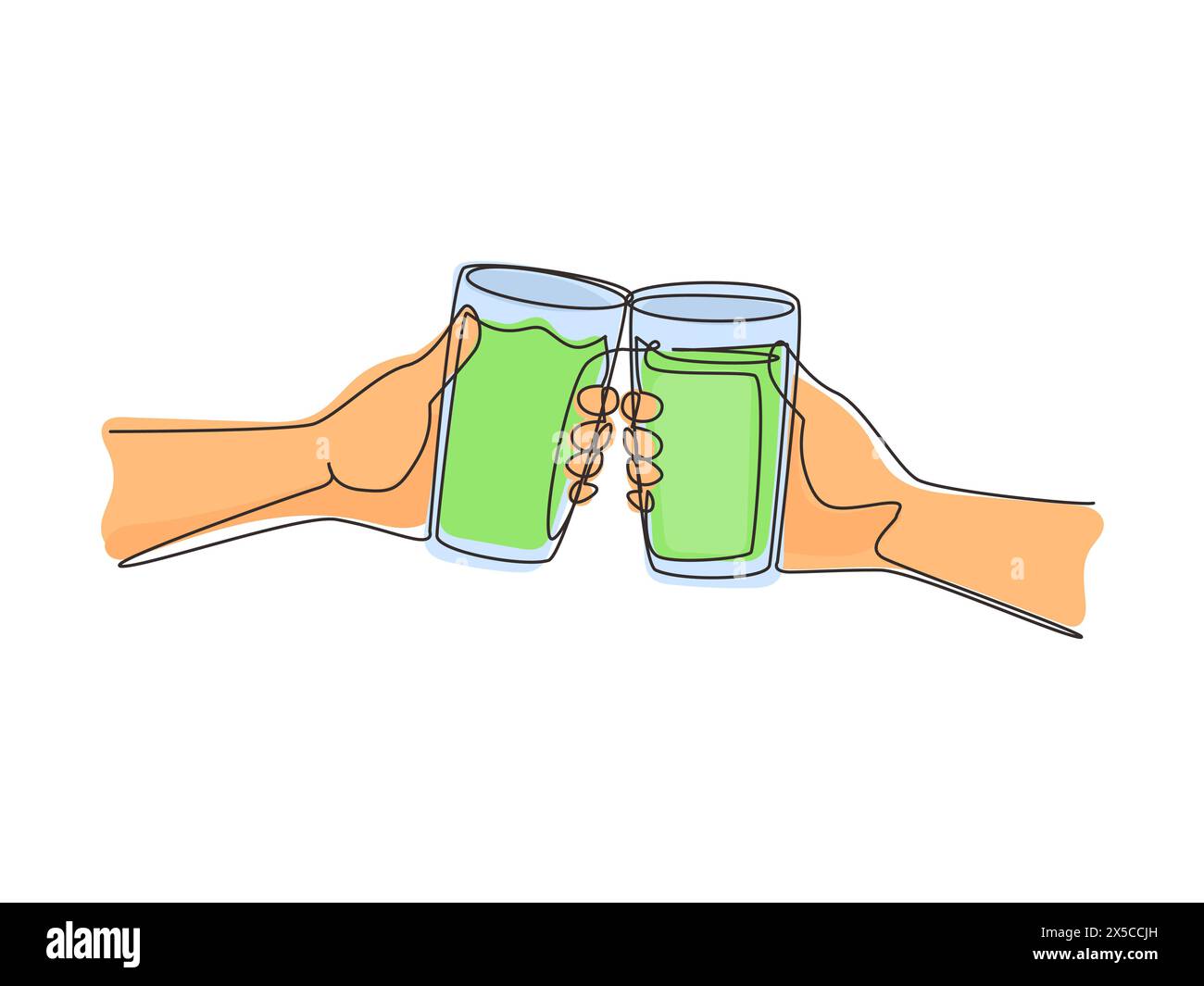 Single continuous line drawing couple toasting healthy juice drinks ...