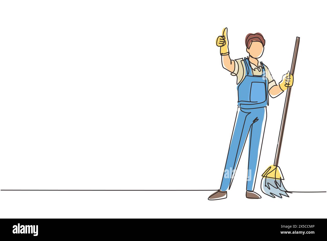 Single continuous line drawing smiling male cleaning company staff ...
