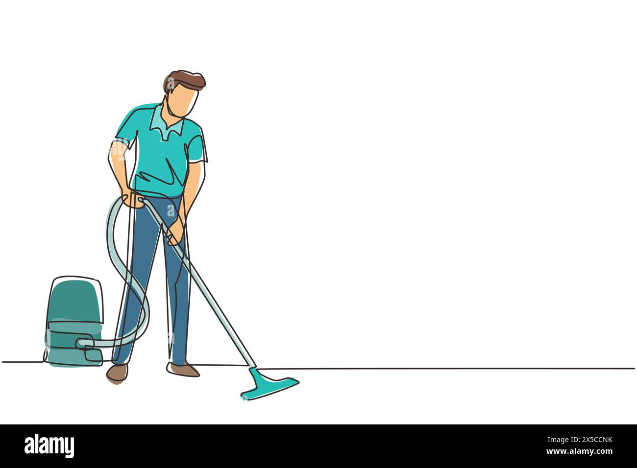 Single one line drawing male professional busy janitor vacuum cleaning ...