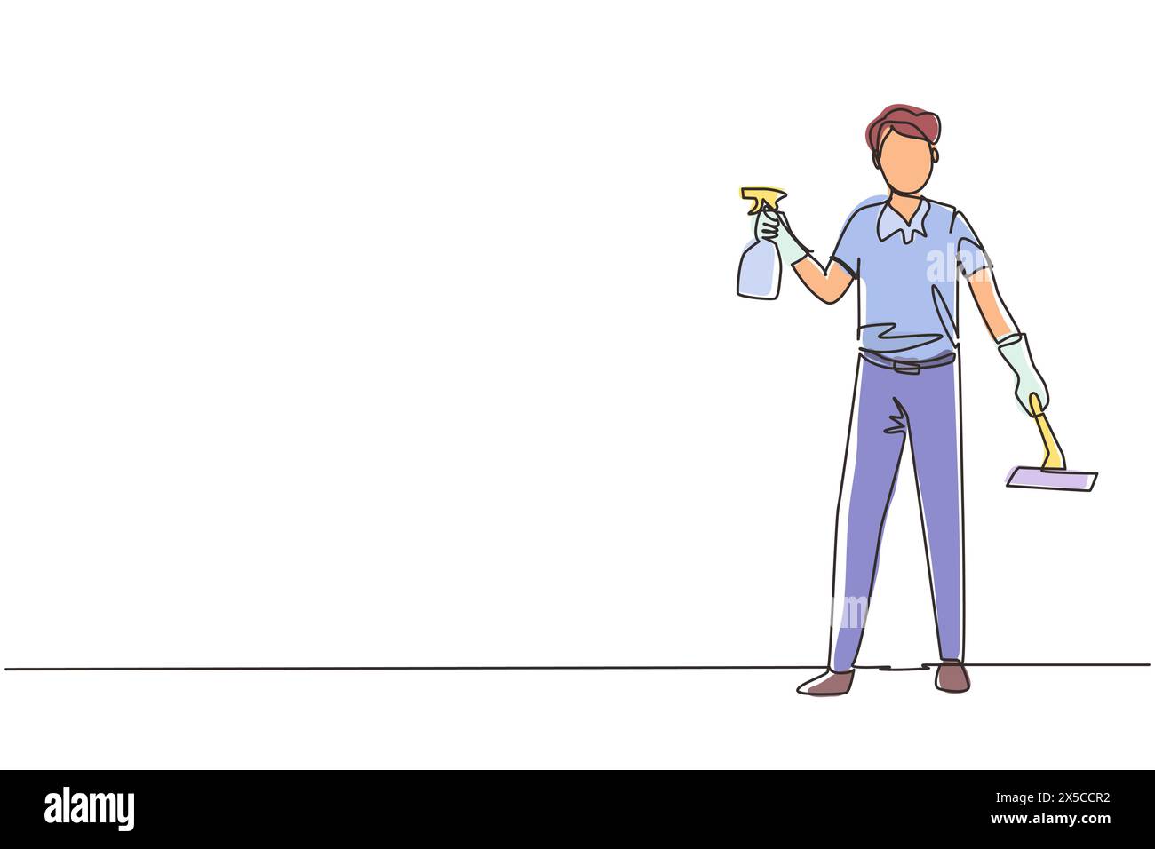 Single one line drawing man cleaning and tidying home, male wiping ...