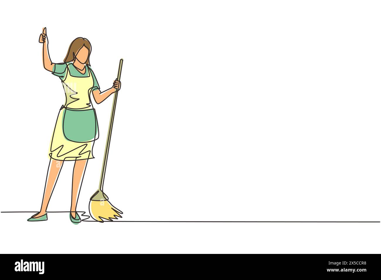 Single one line drawing smiling female cleaning company staff member ...