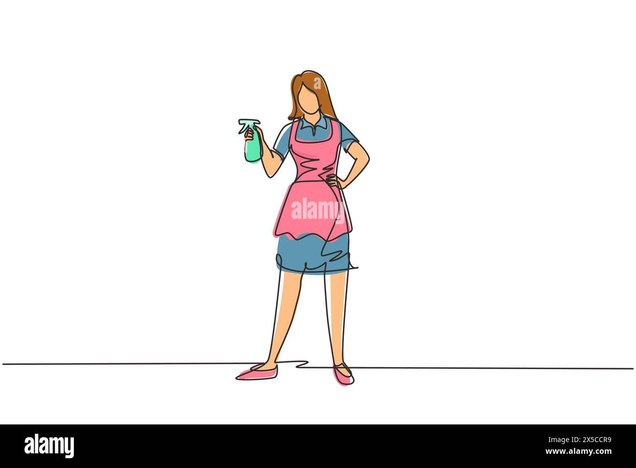 Single continuous line drawing woman washing windows at home. Housework ...