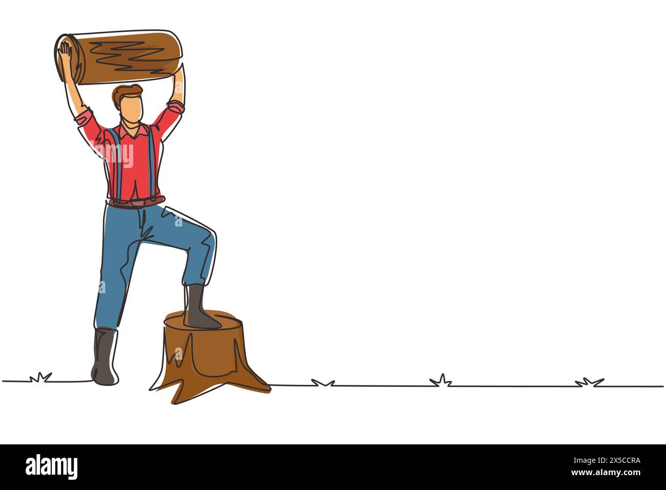 Single one line drawing smiling lumberjack man holding downed log ...